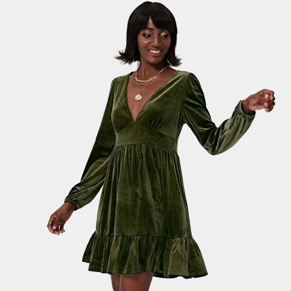 Dresses | Deep V Neck Ruffled Velvet Olive Mini Dress | Poshmark